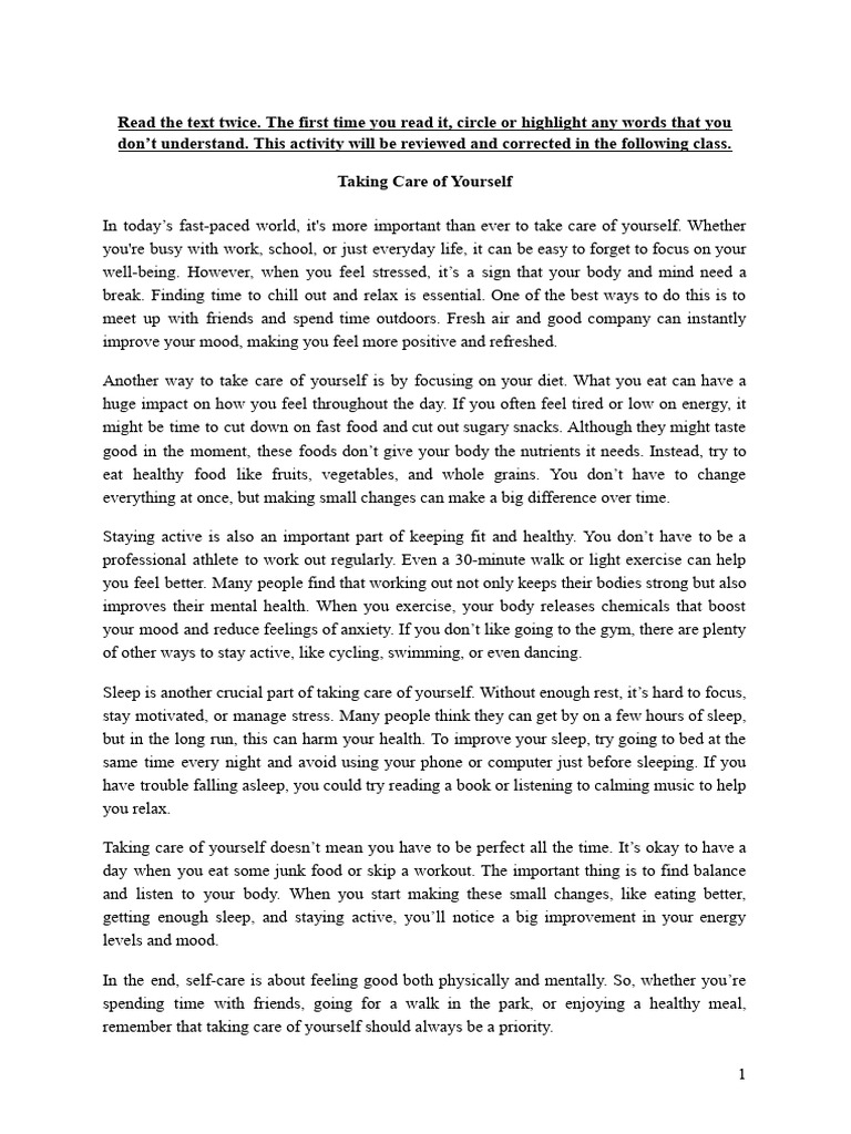 READING - Taking Care of Yourself (First Day) | PDF | Sleep | Mood ...