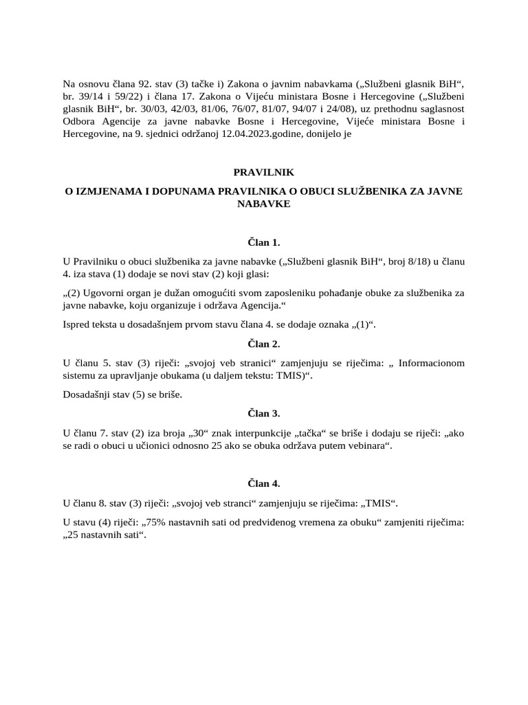 Bos-Pravilnik o Izmjenama I Dopunama Pravilnika o Obuci Sluzbenika Za Javne Nabavke | PDF