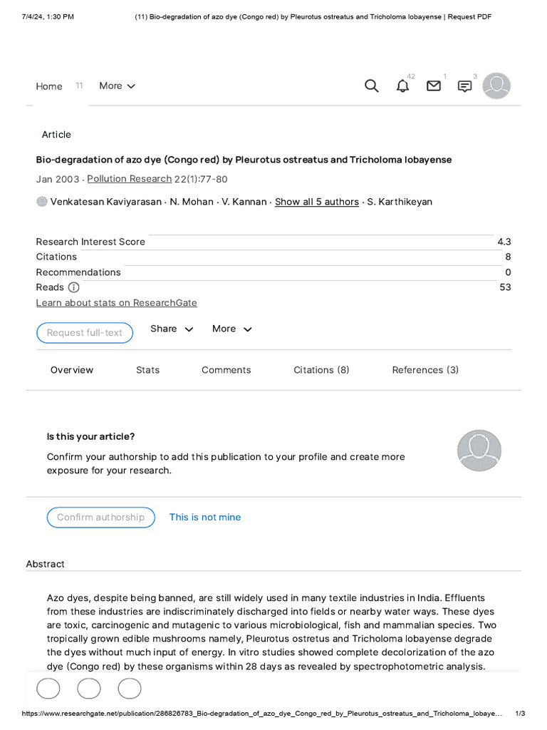 (11) Bio-degradation of azo dye (Congo red) by Pleurotus ostreatus and ...