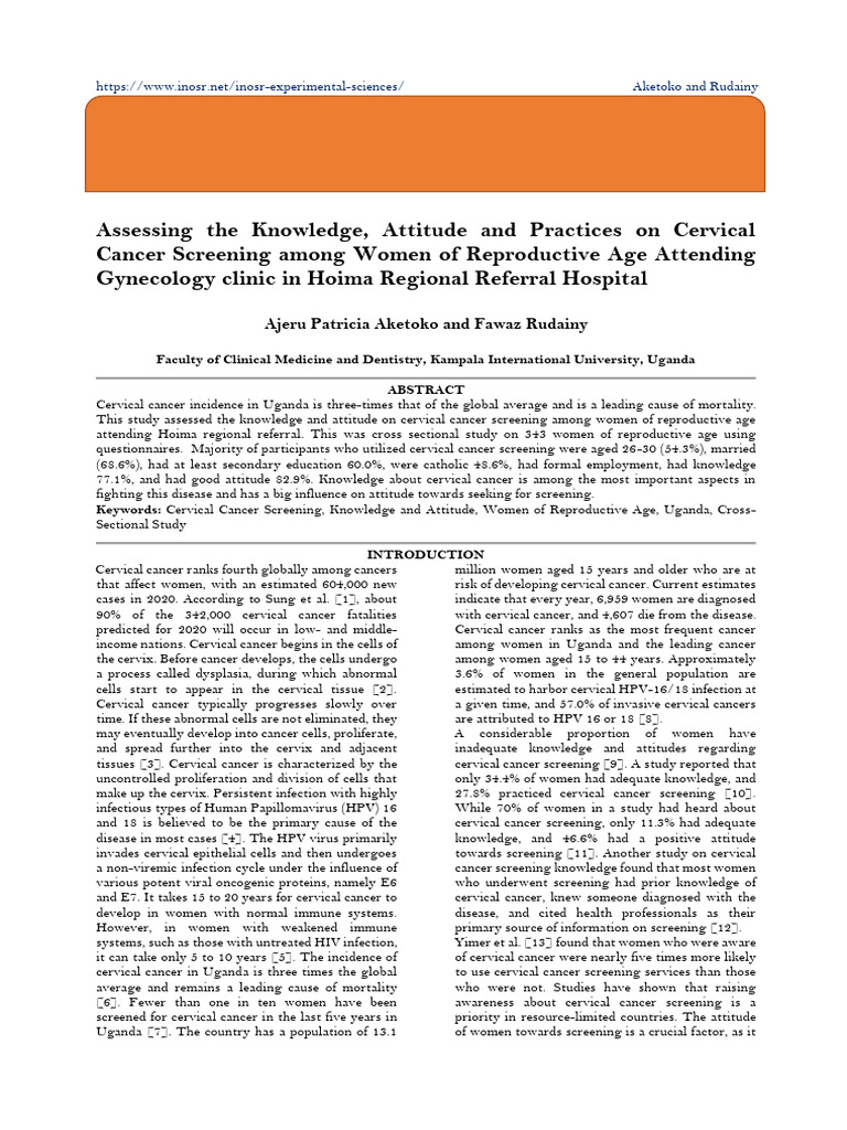 Assessing The Knowledge, Attitude and Practices On Cervical Cancer Screening Among Women of ...