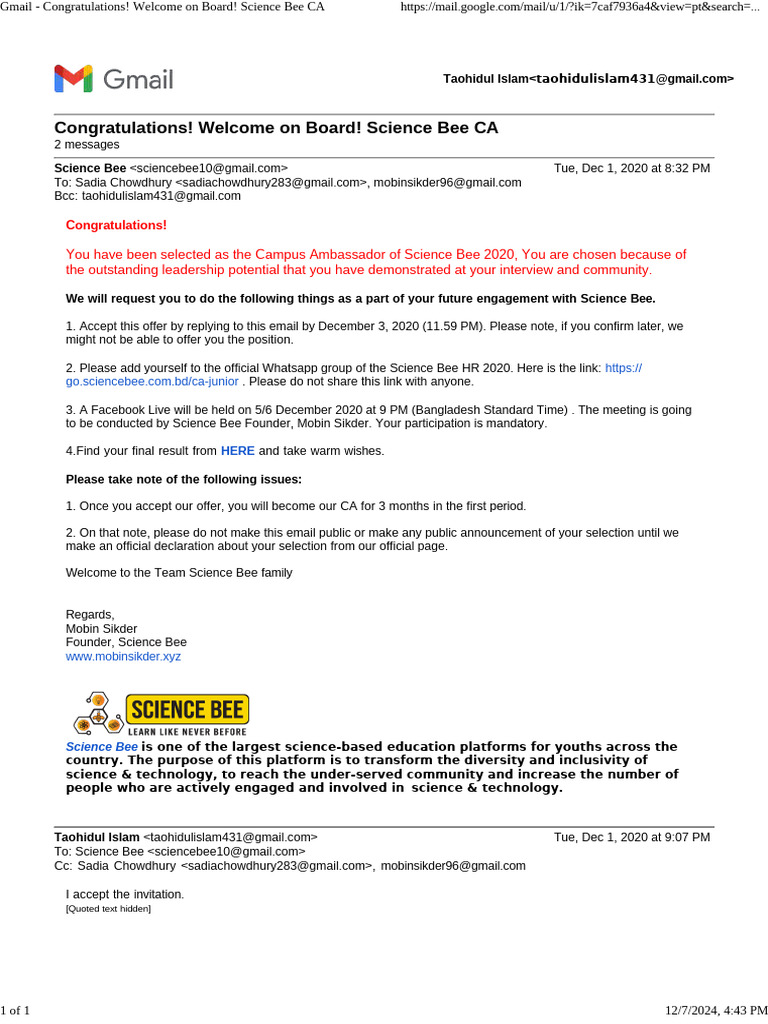 Gmail - Congratulations! Welcome On Board! Science Bee CA | PDF ...