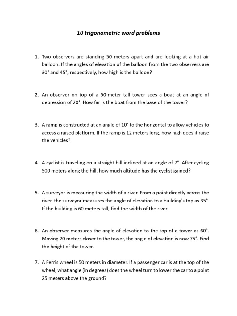 10 Trigonometric Word Problems Part 1 | PDF