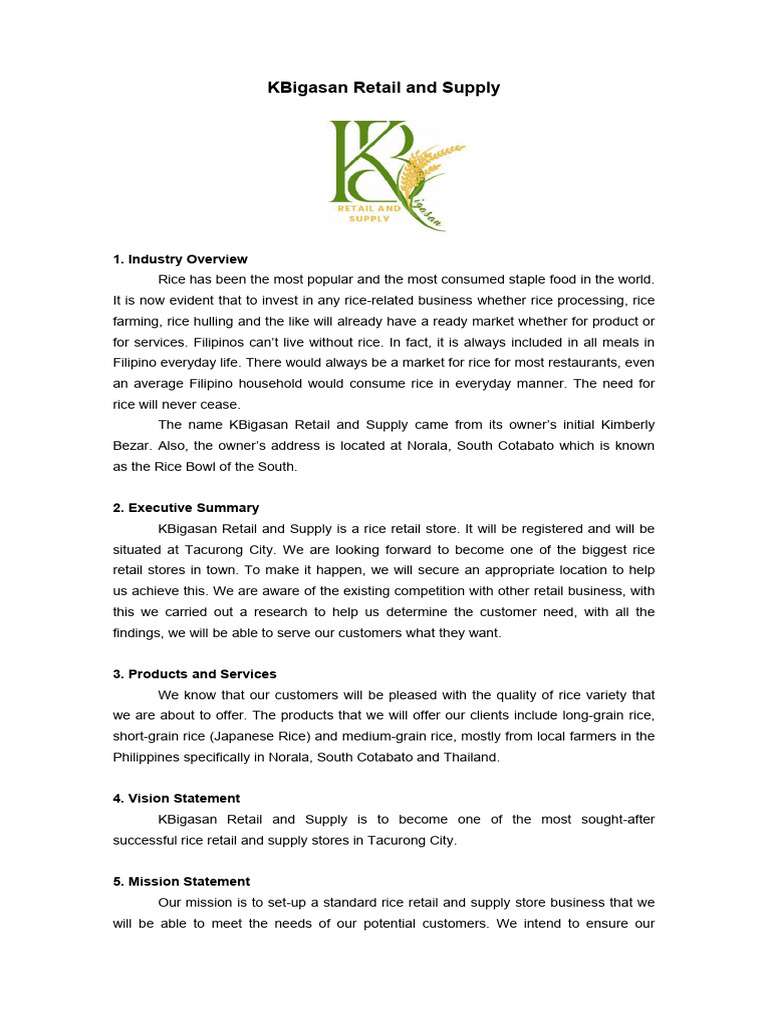 Rice Store Business Plan | PDF | Expense | Retail