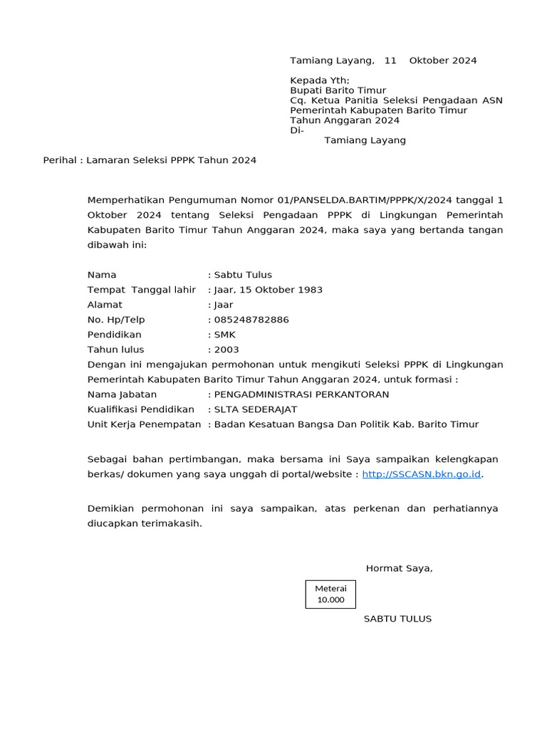 Surat - Lamaran (1) .Docx SABTU TULUS | PDF