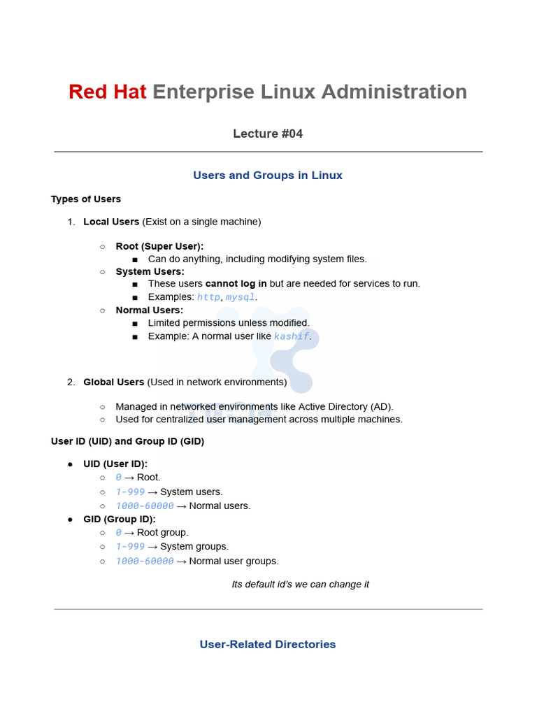 RHEL Administration - Lecture#04 | PDF | Superuser | Computer Security