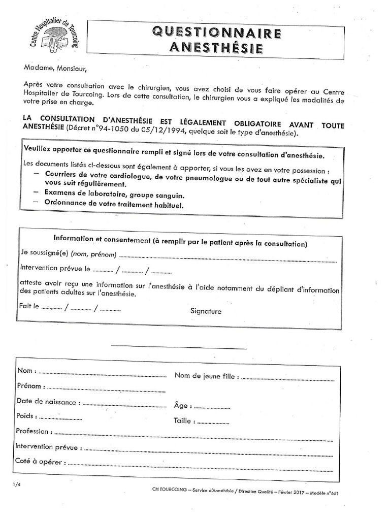 Questionnaire Anesthésie | PDF