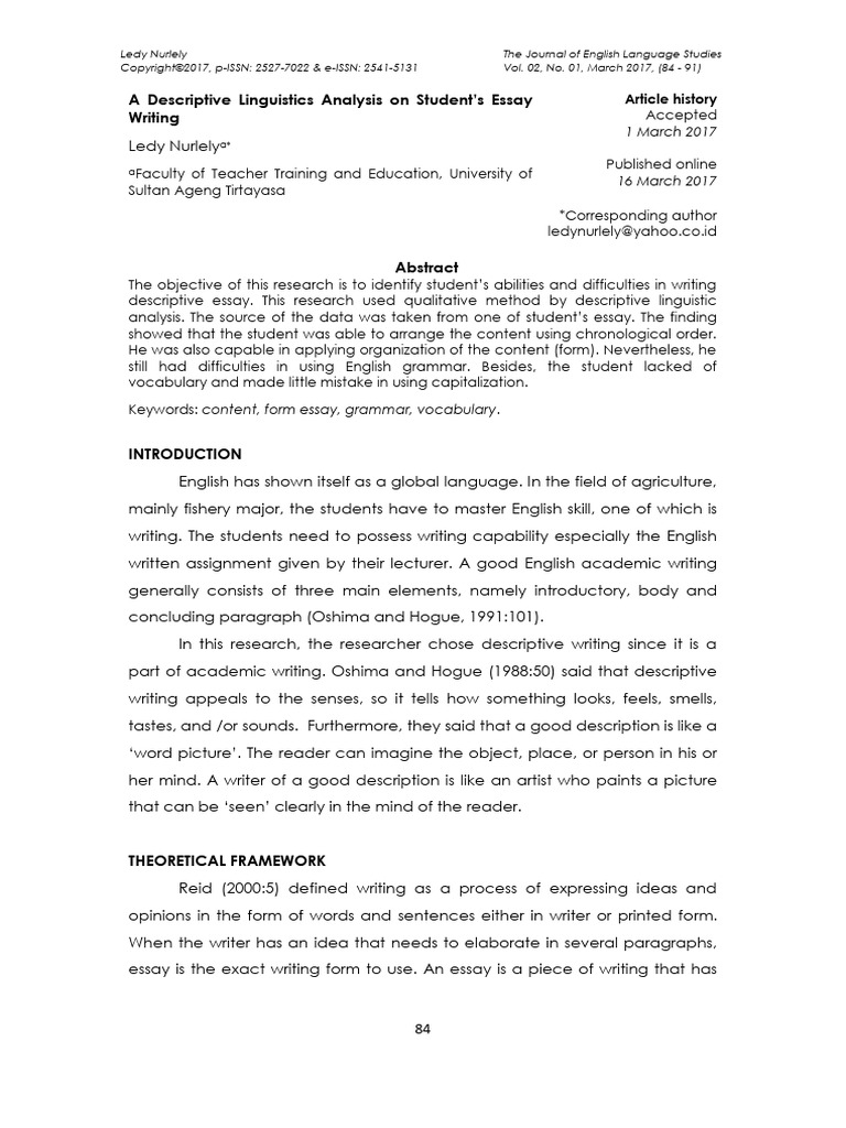 A Descriptive Linguistics Analysis On Students Es | PDF | Linguistics ...