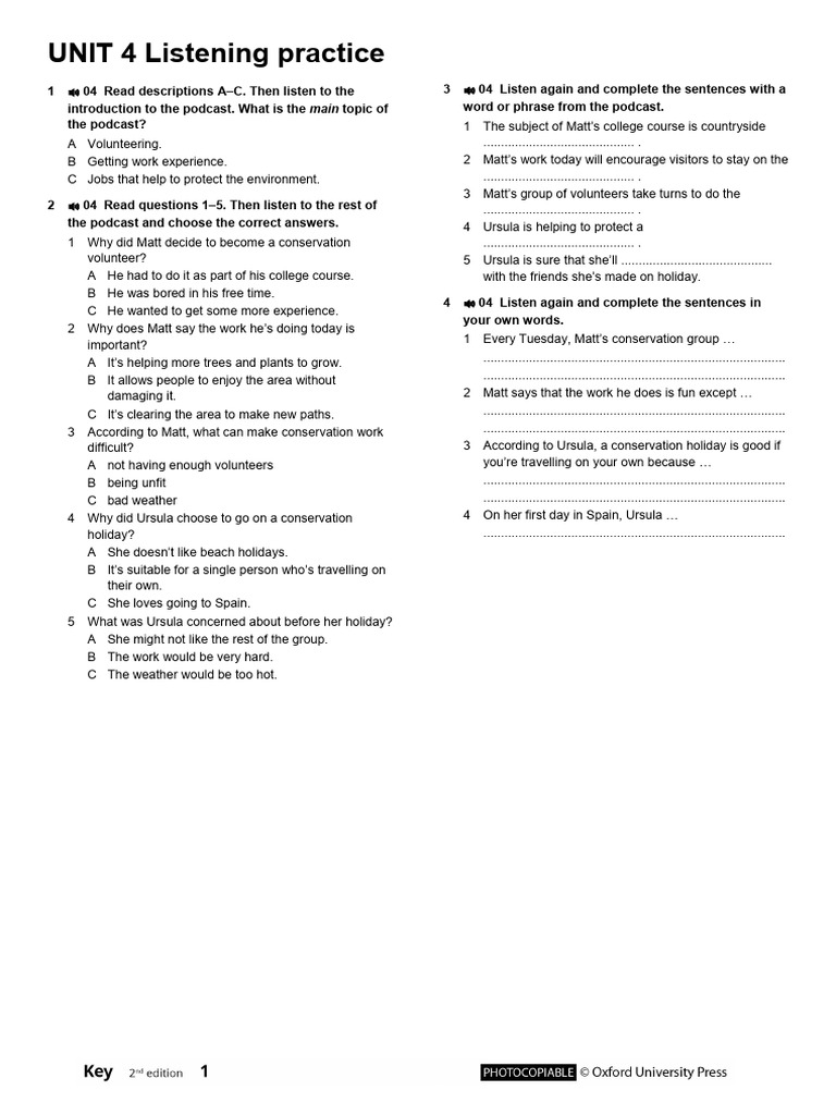 Key2e L1 Worksheets Listening Unit 4 | PDF | Linguistics