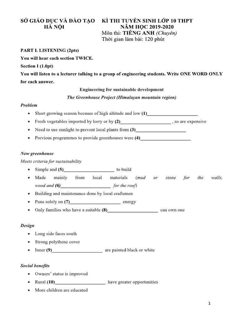 De Thi Vao 10 Chuyen Tieng Anh Tp Ha Noi Nam Hoc 2019 2020 17471 | PDF