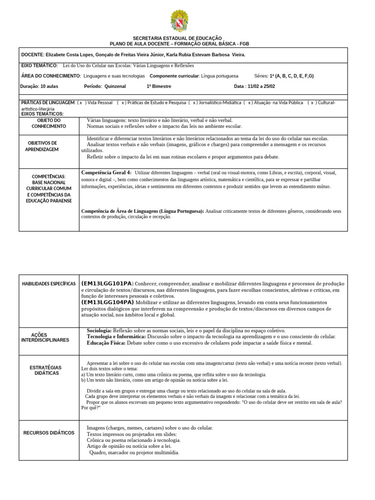 PLANO DE AULA - Língua Portuguesa 1 Ano (Plano 1) | PDF | Imagem | Aprendizado