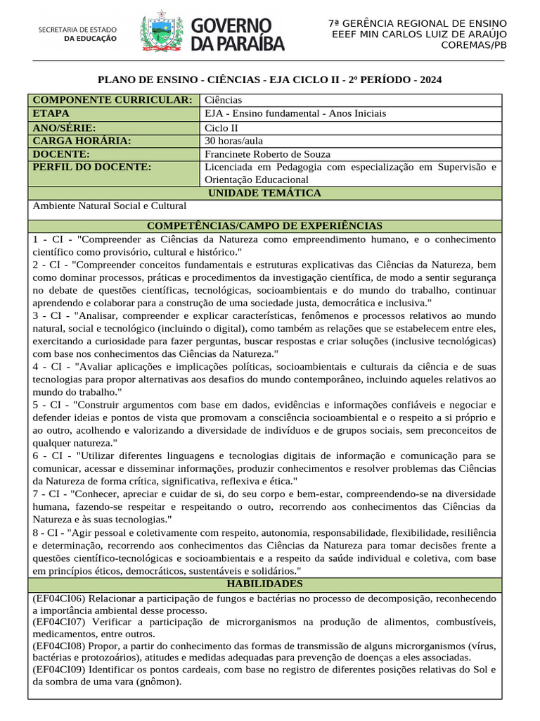 Plano de Ensino: Ciências EJA 2024 | PDF | Science | Educação para adultos