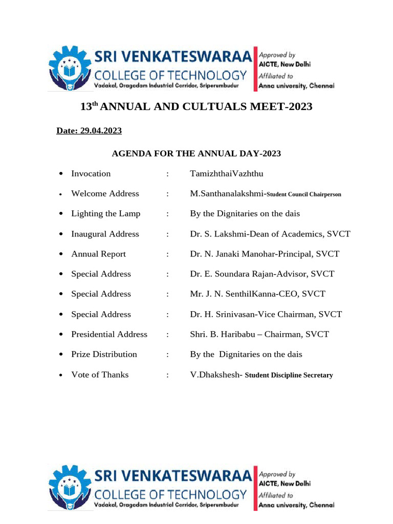SVCT Annual and Cultural Meet 2023 Agenda | PDF