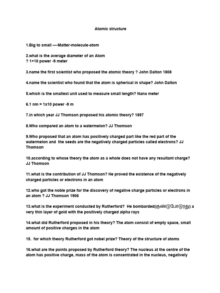 Atomic Structure 7th STD | PDF | Atoms | Proton