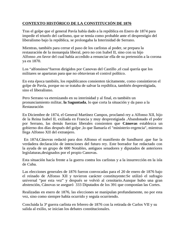 Contexto y Características de la Constitución de 1876 | PDF | Cortes ...