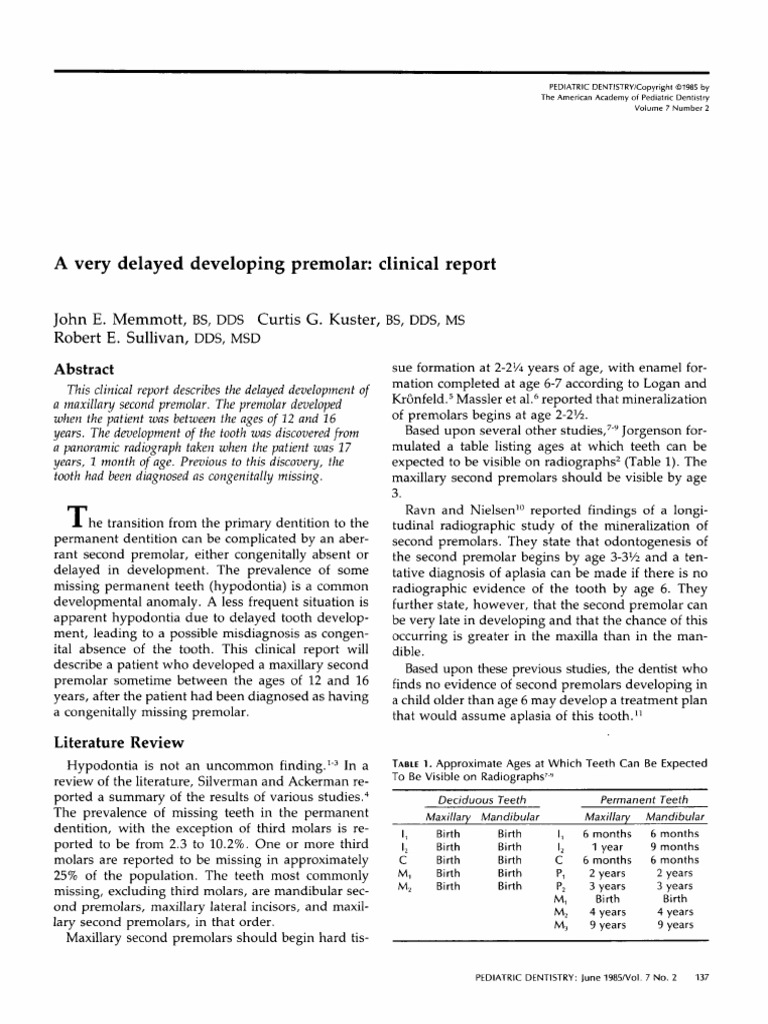 A Very Delayed Developing Premolar Clinical Report | PDF | Human Tooth ...
