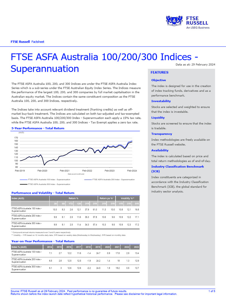FTSE ASFA Australia 100 200 300 Indice Superannuation Factsheet | PDF ...