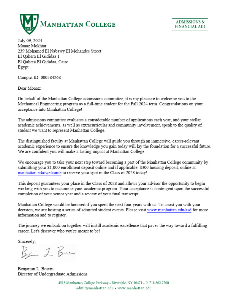 Acceptance and Scholarship Offer Letter | PDF | College Admissions In ...