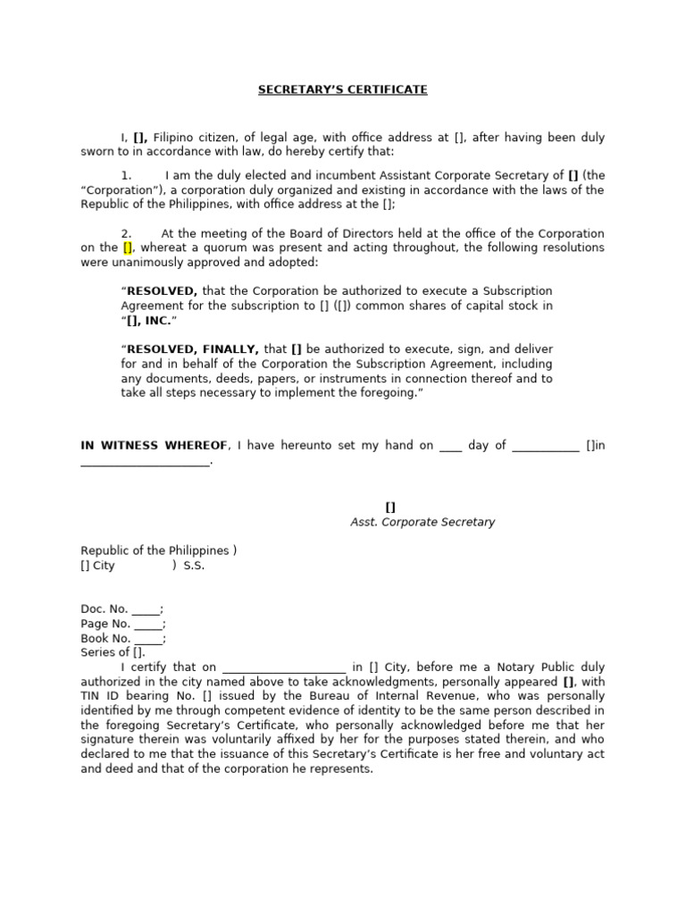 Secretary's Certificate - Subscription Agreement | PDF