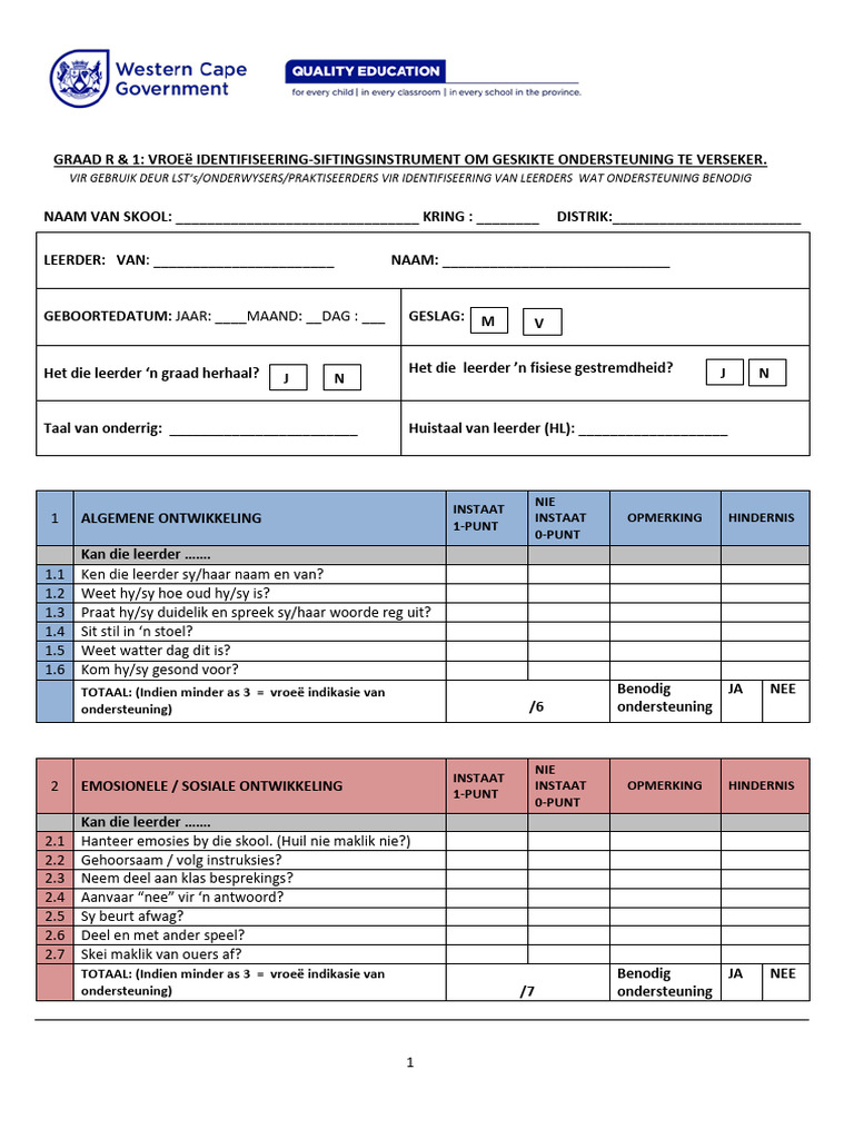 Annexure C - WCED Graad R 1 SCREENING TOOL AFR | PDF