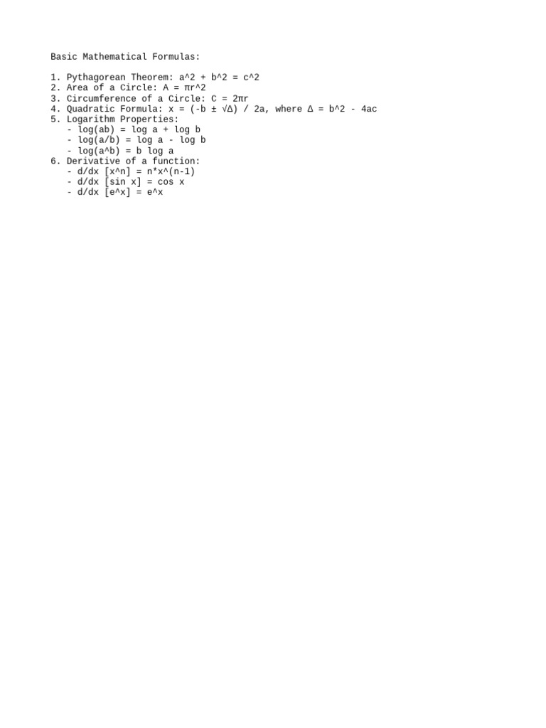 Essential Mathematical Formulas Guide | PDF