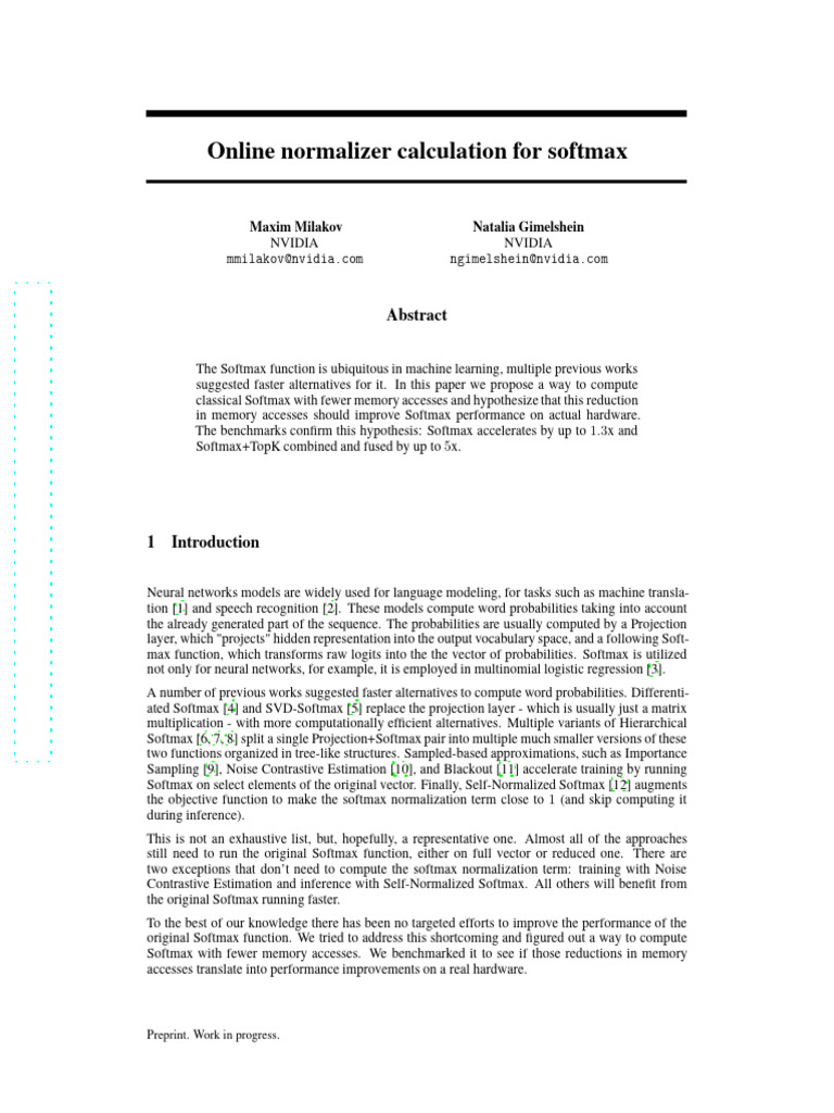 2018 Online Normalizer Calculation For Softmax Milakov Gimelshein ArXiv | PDF | Mathematics ...