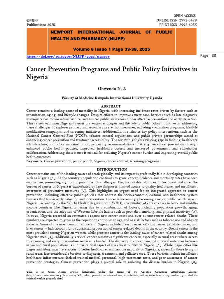 Cancer Prevention Programs and Public Policy Initiatives in Nigeria ...