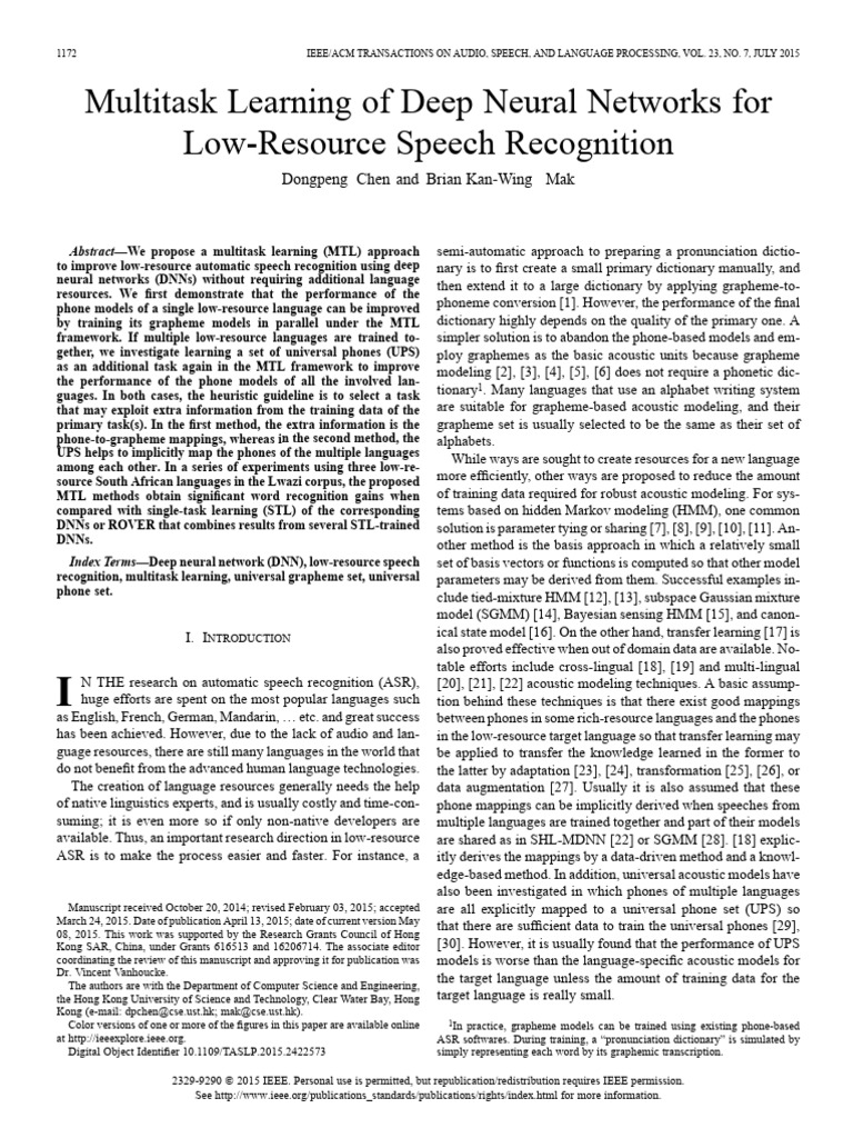 Multitask Learning of Deep Neural Networks For Low-Resource Speech Recognition | PDF | Deep ...