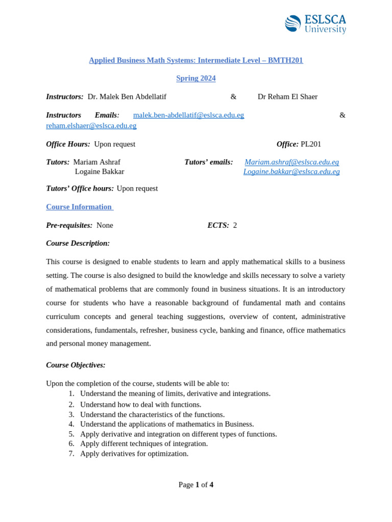 Applied Business Math Systems Intermediate Level Outline - Dr Malek Ben ...