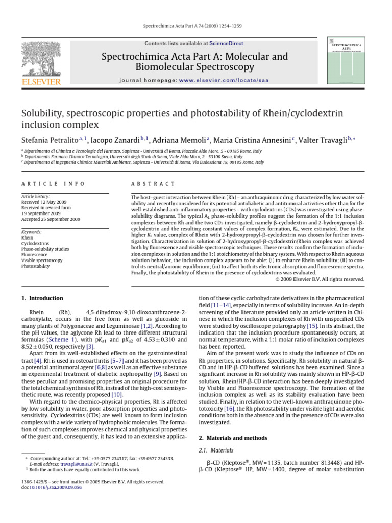 Solubility, Spectroscopic Properties and Photostability of Rhein-cyclodextrin Inclusion Complex ...