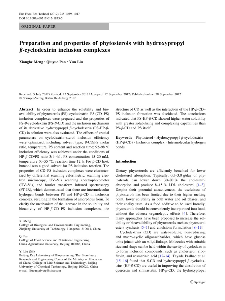 Preparation and Properties of Phytosterols With Hydroxypropyl Β ...