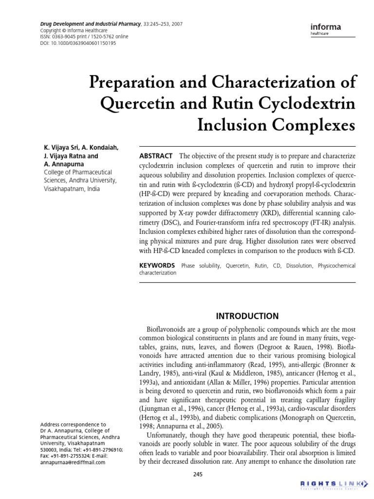 Preparation and Characterization of Quercetin and Rutin Cyclodextrin Inclusion Complexes | PDF ...