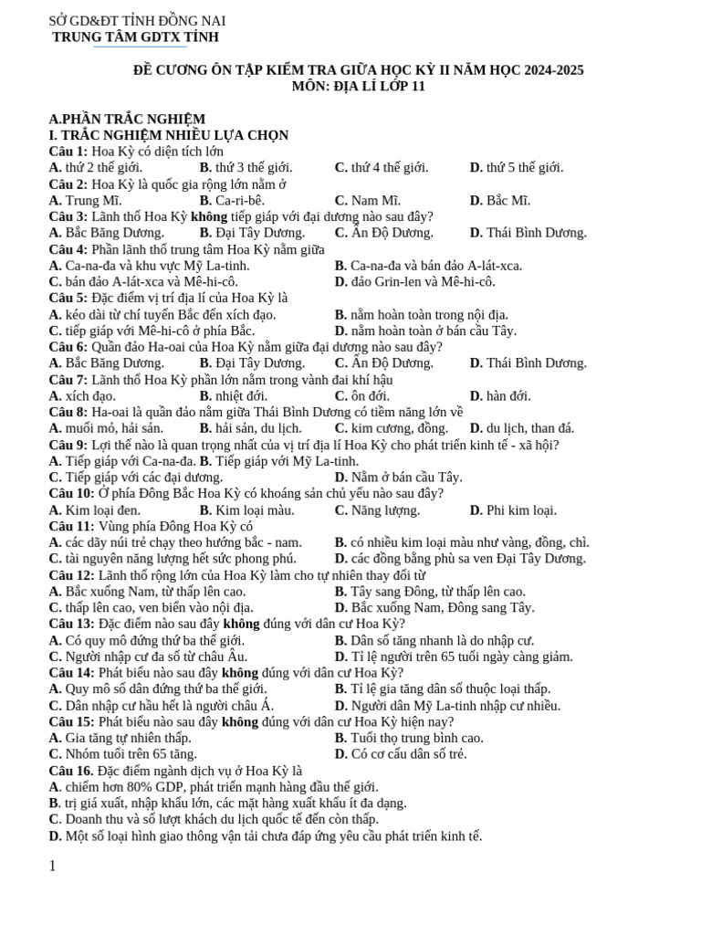 Địa 11 _ GK2_Đề cương | PDF