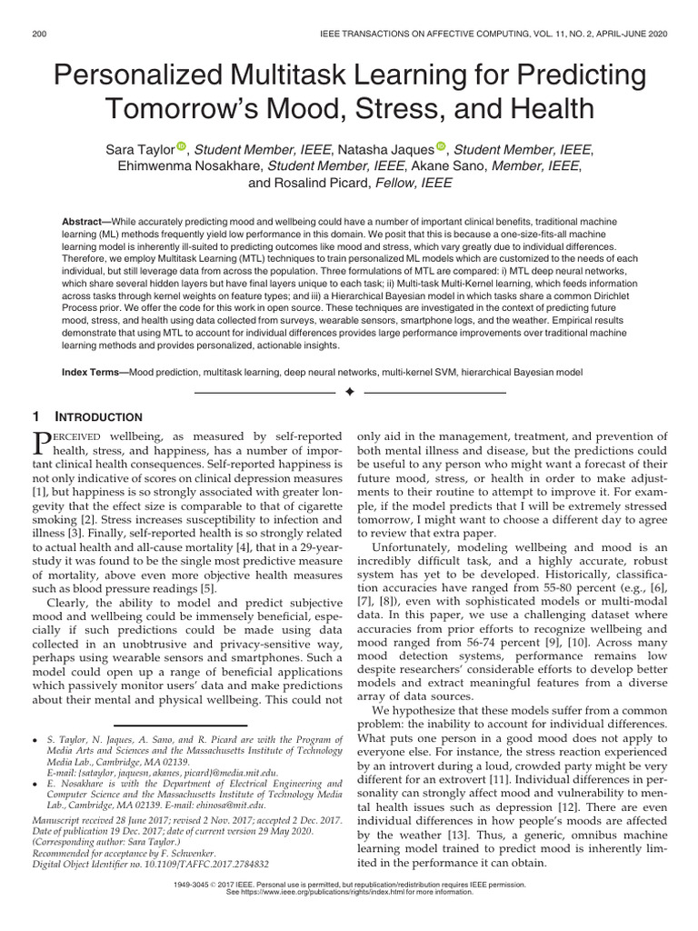2020 - Personalized Multitask Learning For Predicting Tomorrow's Mood ...