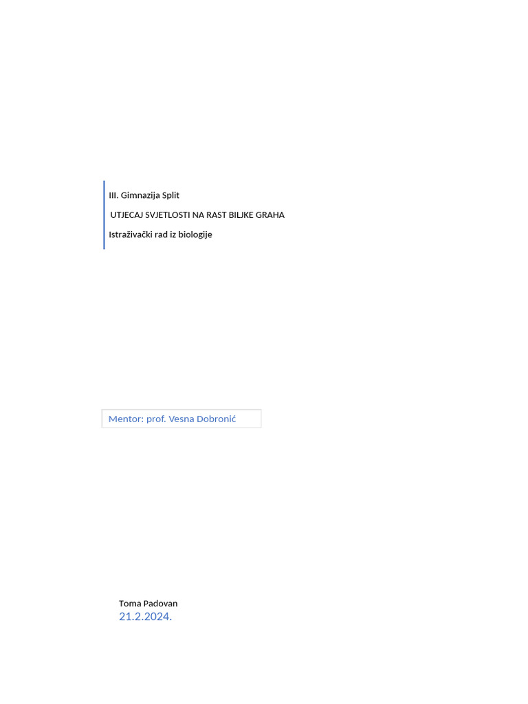 Utjecaj Svjetlosti Na Rast Biljke Graha - Toma Padovan 1.c | PDF