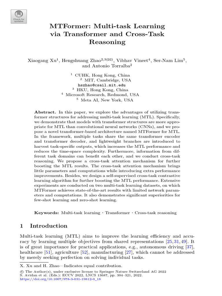 2022 - MTFormer - Multi-Task Learning Via Transformer and Cross-Task Reasoning - Xu Et Al ...