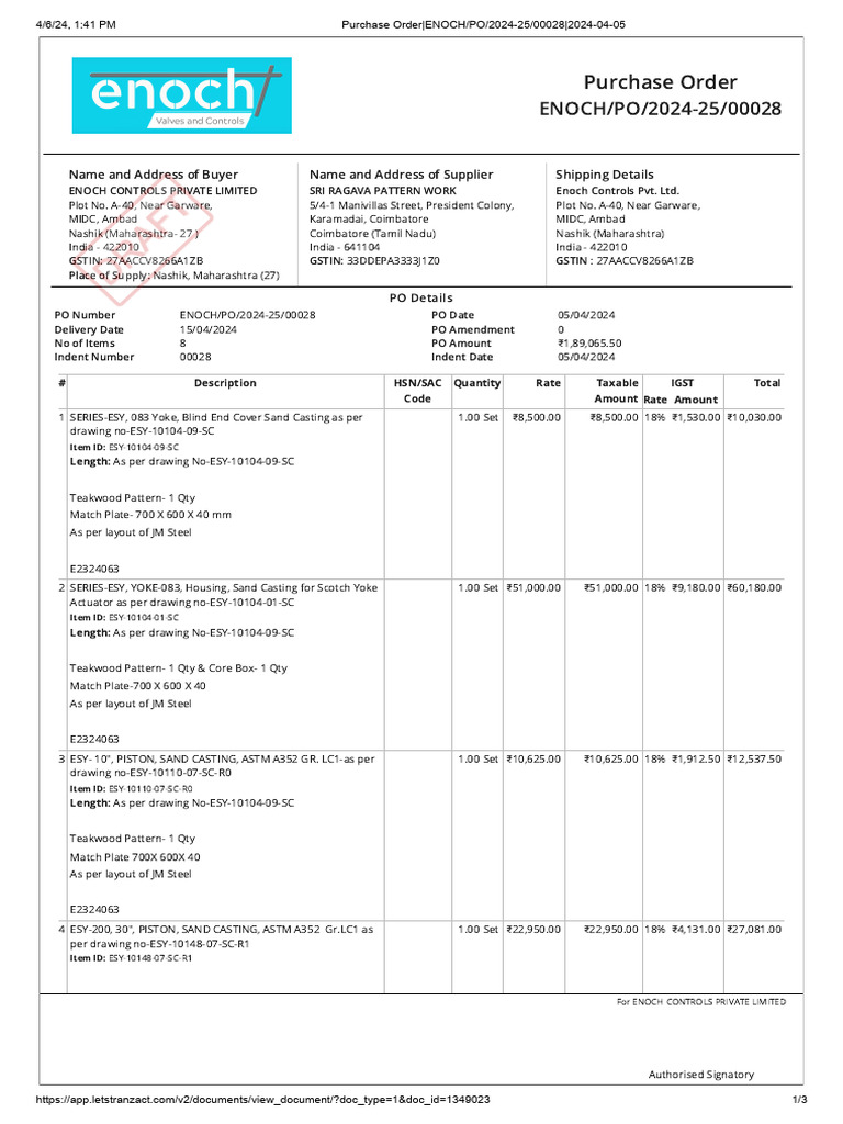 Purchase Order - ENOCH - PO - 2024-25 - 00028 - Sri Ragava | PDF ...
