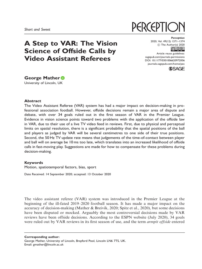 A Step To VAR The Vision Science of Offside Calls | PDF | Mental ...