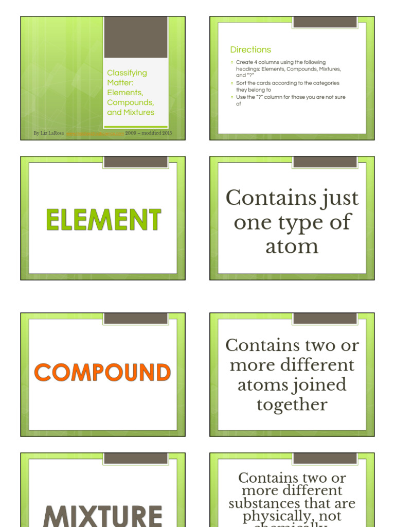Intro To Elements Compounds Mixtures Sorting Cards To Sort For Student | PDF