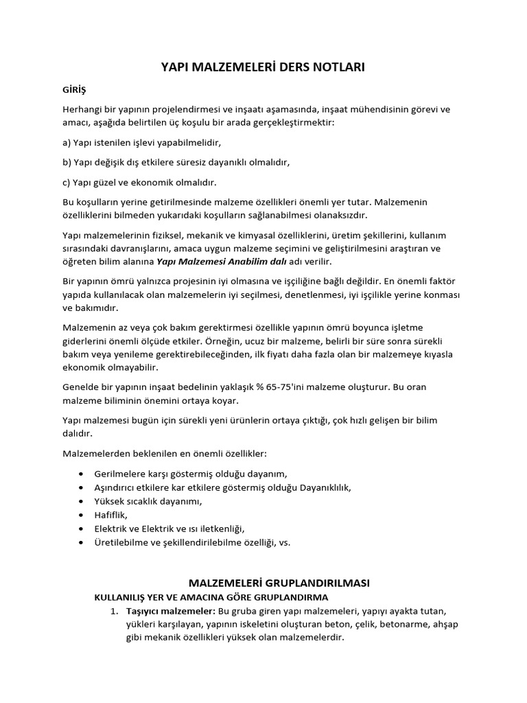 Yapi Malzemeleri Vize Ders Notlari | PDF