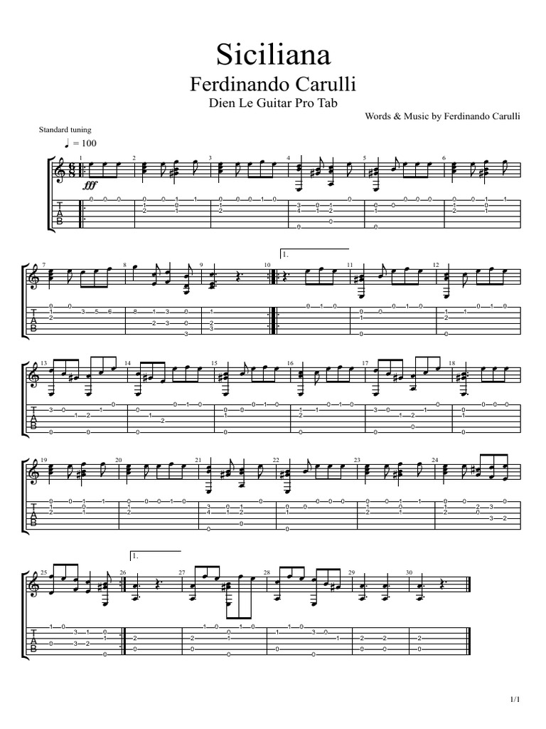 Ferdinando Carulli - Siciliana - Guitar Tab | PDF | Guitar Family ...