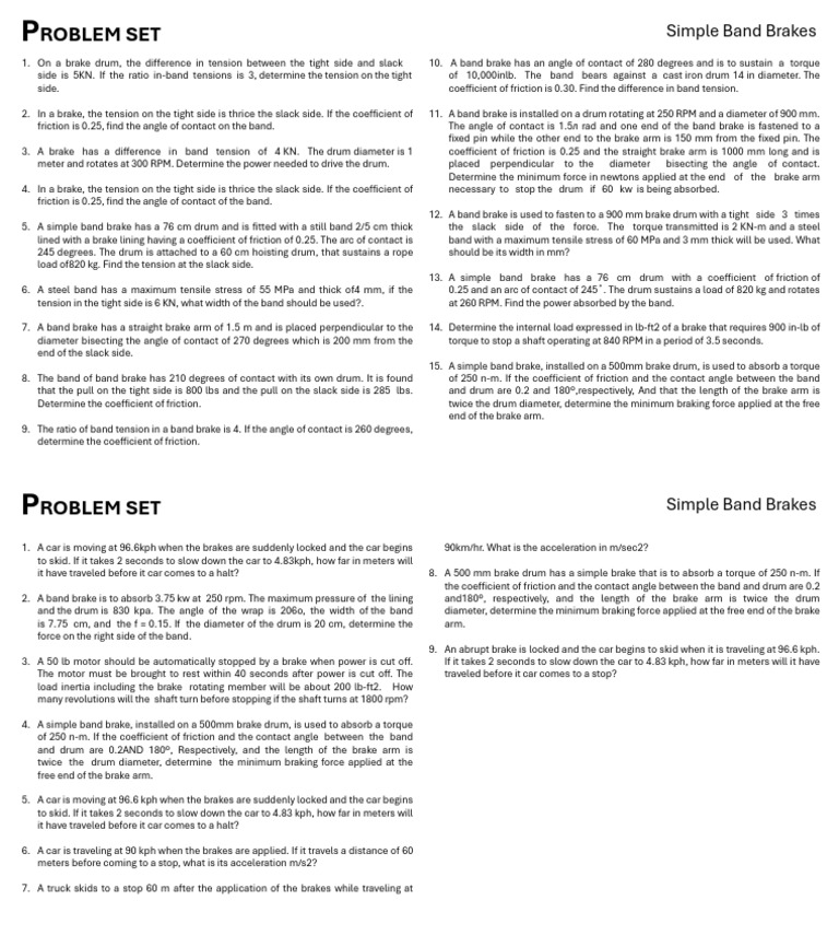 Problem Set - Simple Band Brakes | PDF | Brake | Force
