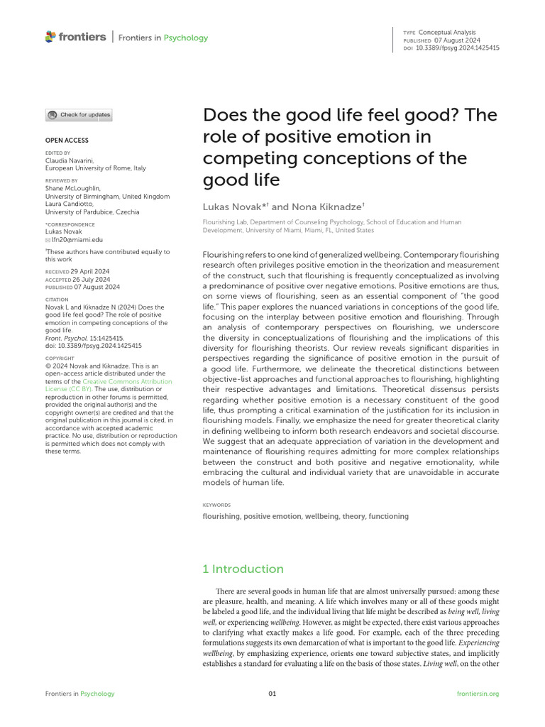 Does The Good Life Feel Good? The Role of Positive Emotion in Competing ...