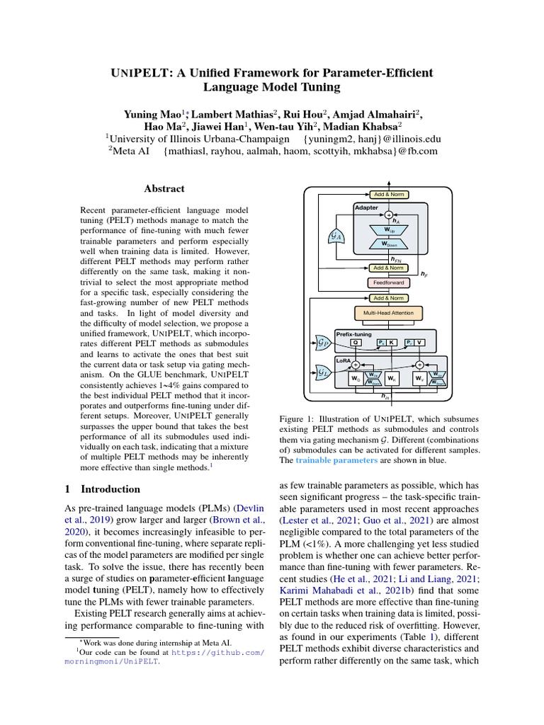 2021 - UniPELT - A Unified Framework For Parameter-Efficient Language Model Tuning - Mao Et Al ...