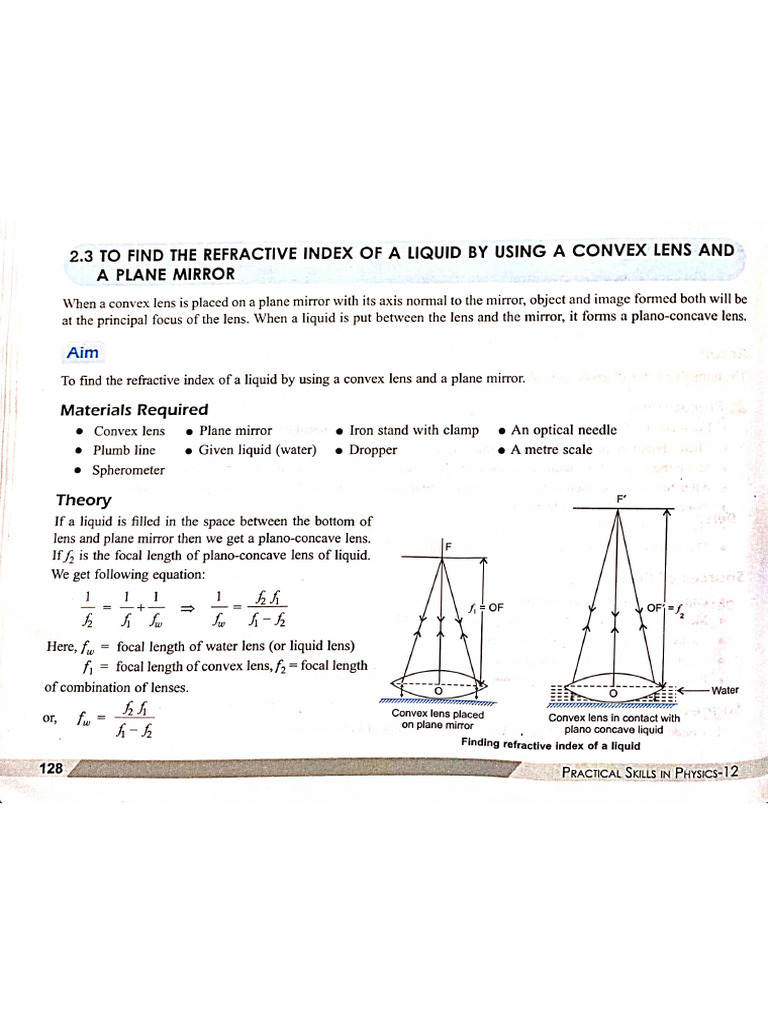 Refractive Index of A Liquid by Using A Convex Lens and A Plane Mirror - 114136 | PDF