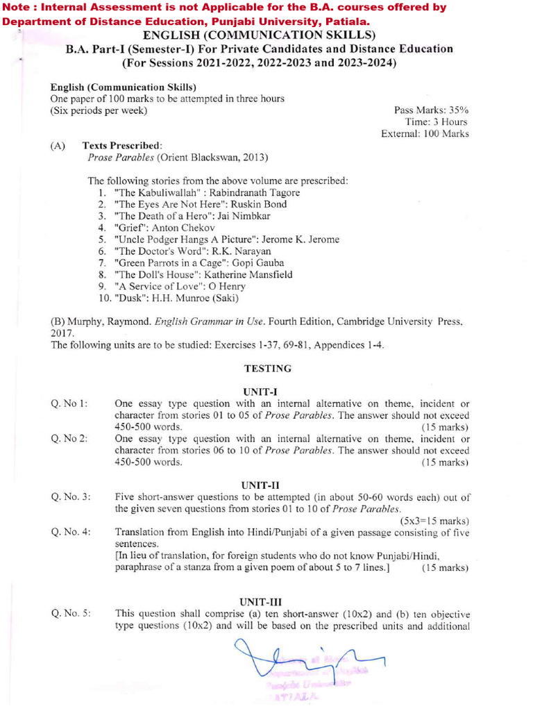 B.a (English Comp.) Part - I (Sem. - I & II) | PDF