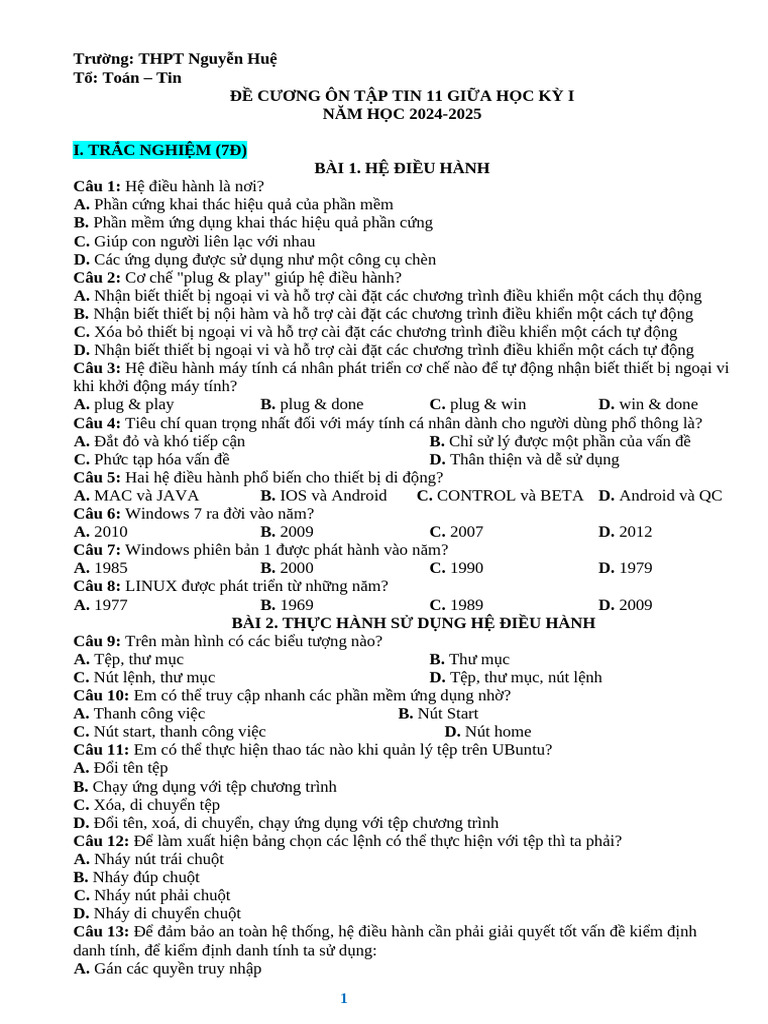 ĐỀ CƯƠNG GKI TIN 11 24-25 (1) | PDF