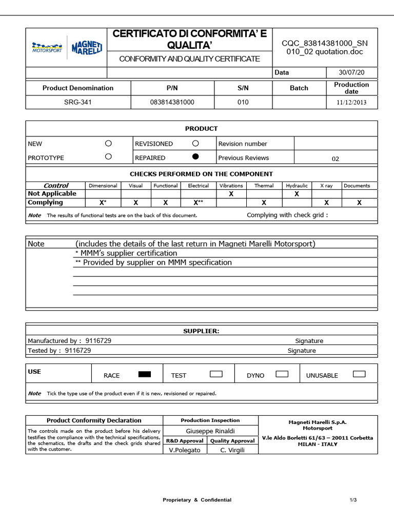 Quality Certificate for SRG-341 ECU | PDF | Computer Engineering ...