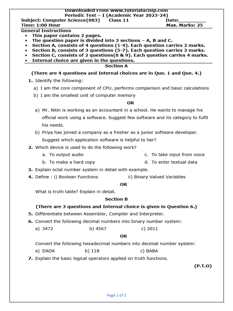 CS 11 Sample Paper 1 Tuorialaicsip | PDF | Computer Architecture | Computer Programming