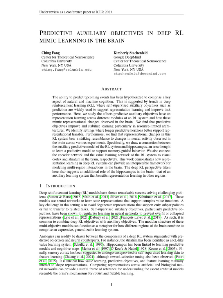 2023 - Predictive Auxiliary Objectives in Deep RL Mimic Learning in The Brain - Fang ...
