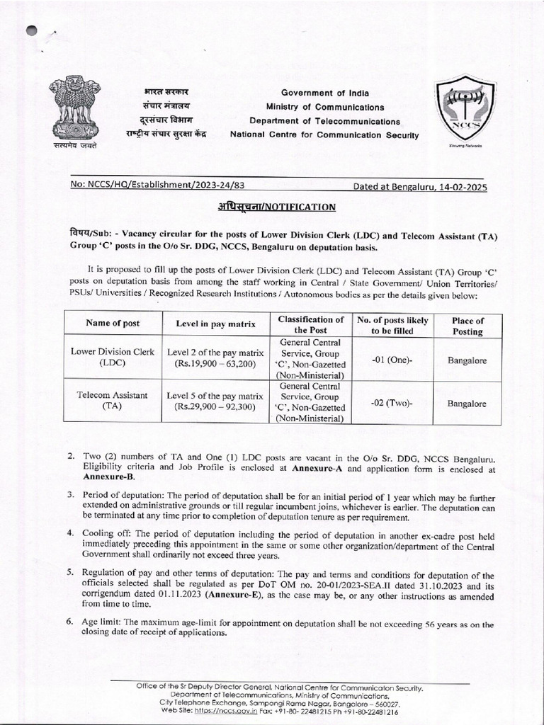 03 LDC Telecom Assistant Posts Advt Details Application Form DOT | PDF ...